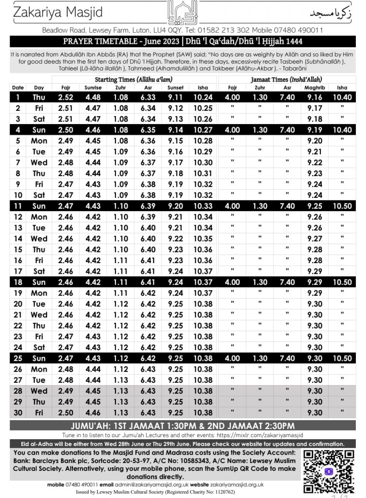 June 2023 Prayer Timetable – Zakariya Masjid